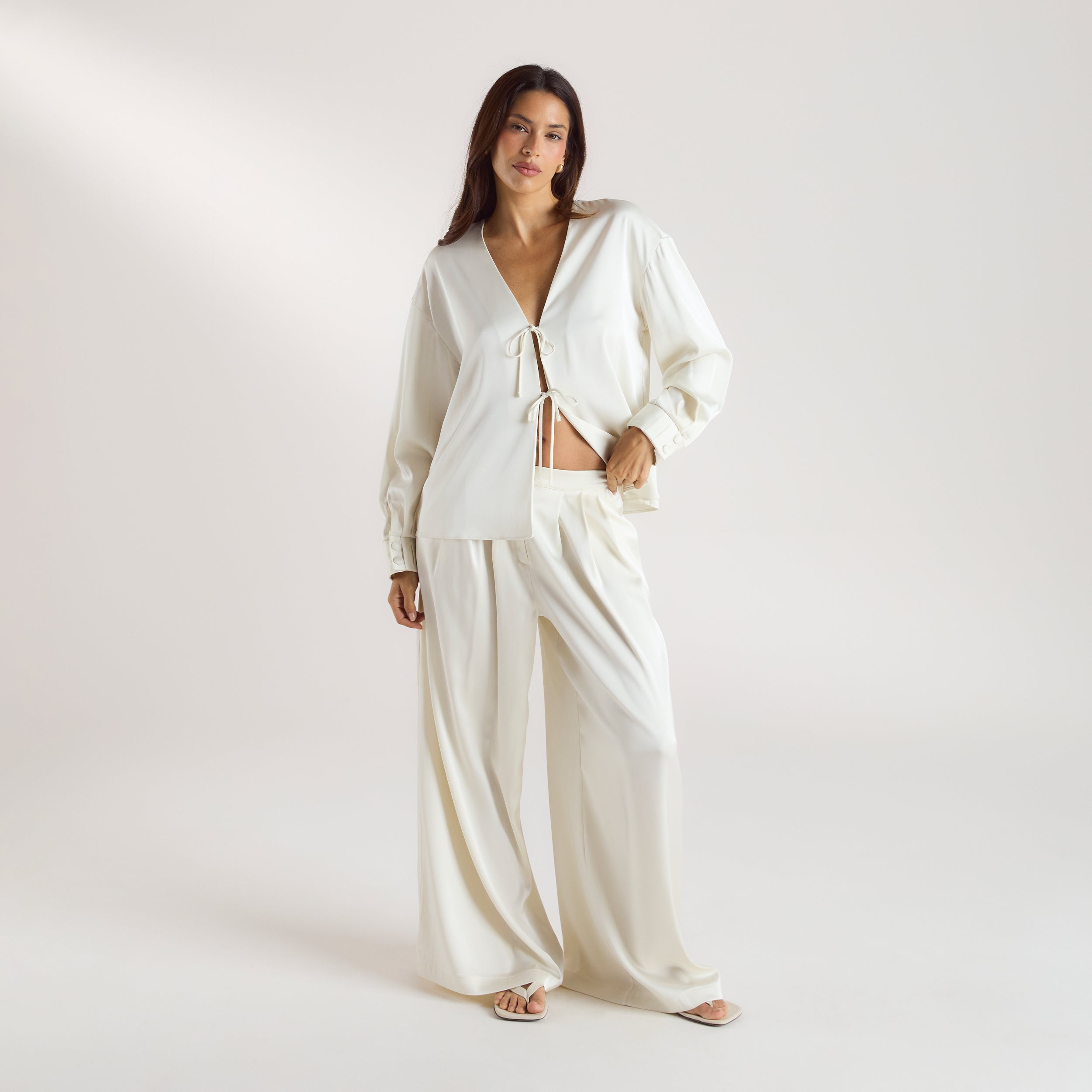 Mimi Long-Sleeved Satin Tie Shirt - Cream